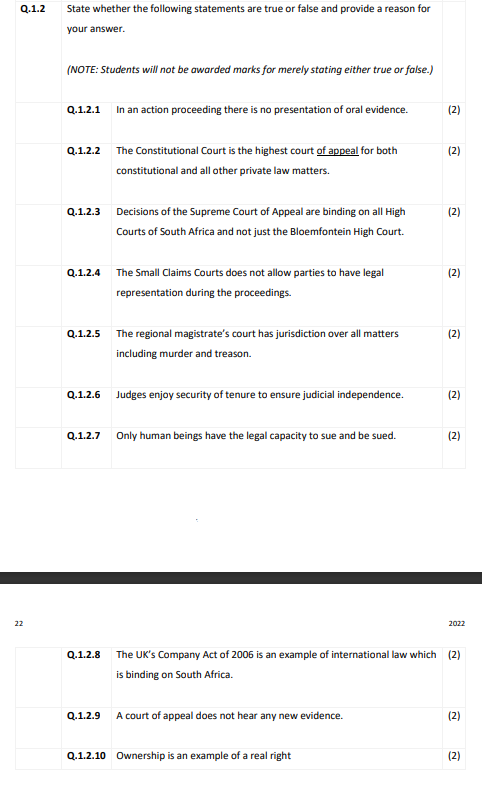 Solved Q.1.2 State whether the following statements are true | Chegg.com