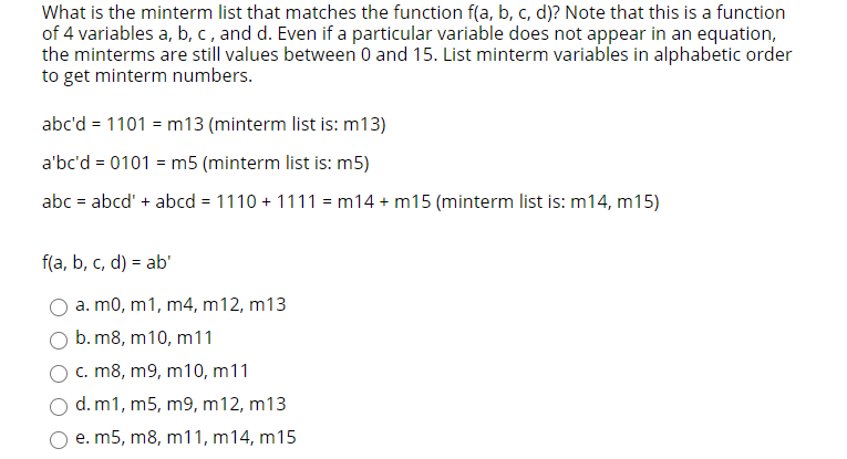 Solved What is the minterm list that matches the function | Chegg.com