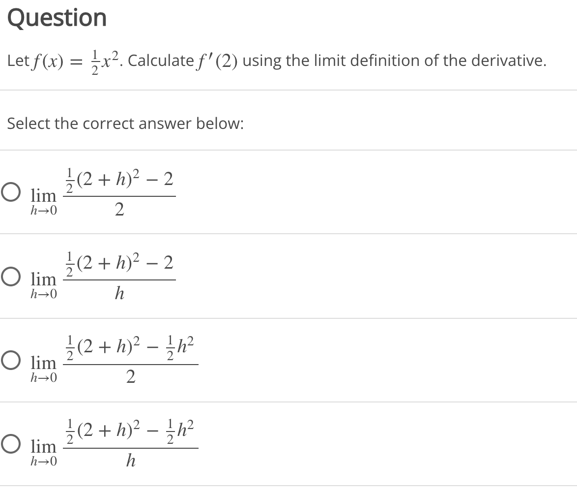 Solved Question Let f(x) = 1x2. Calculate f'(2) using the | Chegg.com