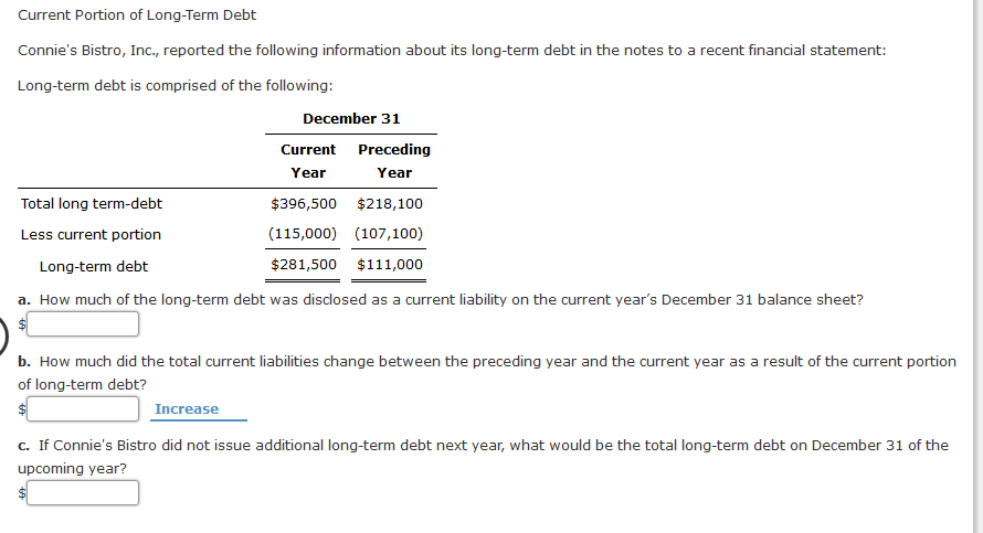 Solved Current Portion of Long-Term Debt Connie's Bistro, | Chegg.com