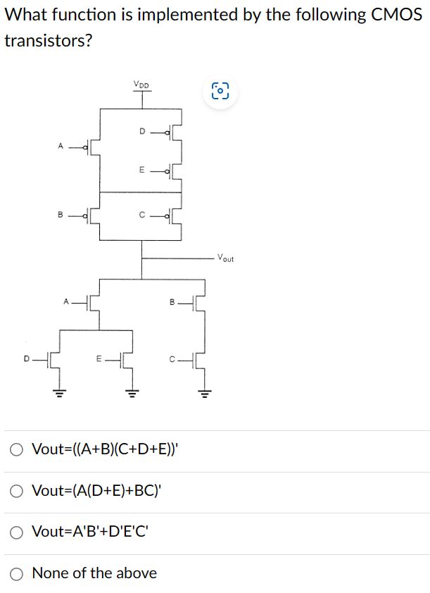 Solved What function is implemented by the following CMOS | Chegg.com