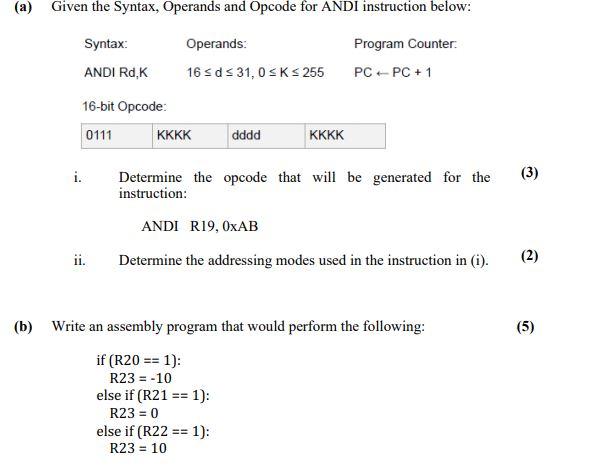Solved (a) Given the Syntax, Operands and Opcode for ANDI | Chegg.com