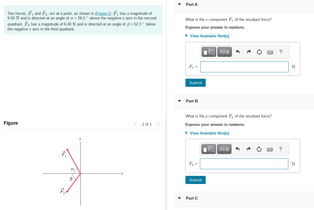Solved Part ATwo forces, vec(F)1 ﻿and vec(F)2, ﻿act at a | Chegg.com