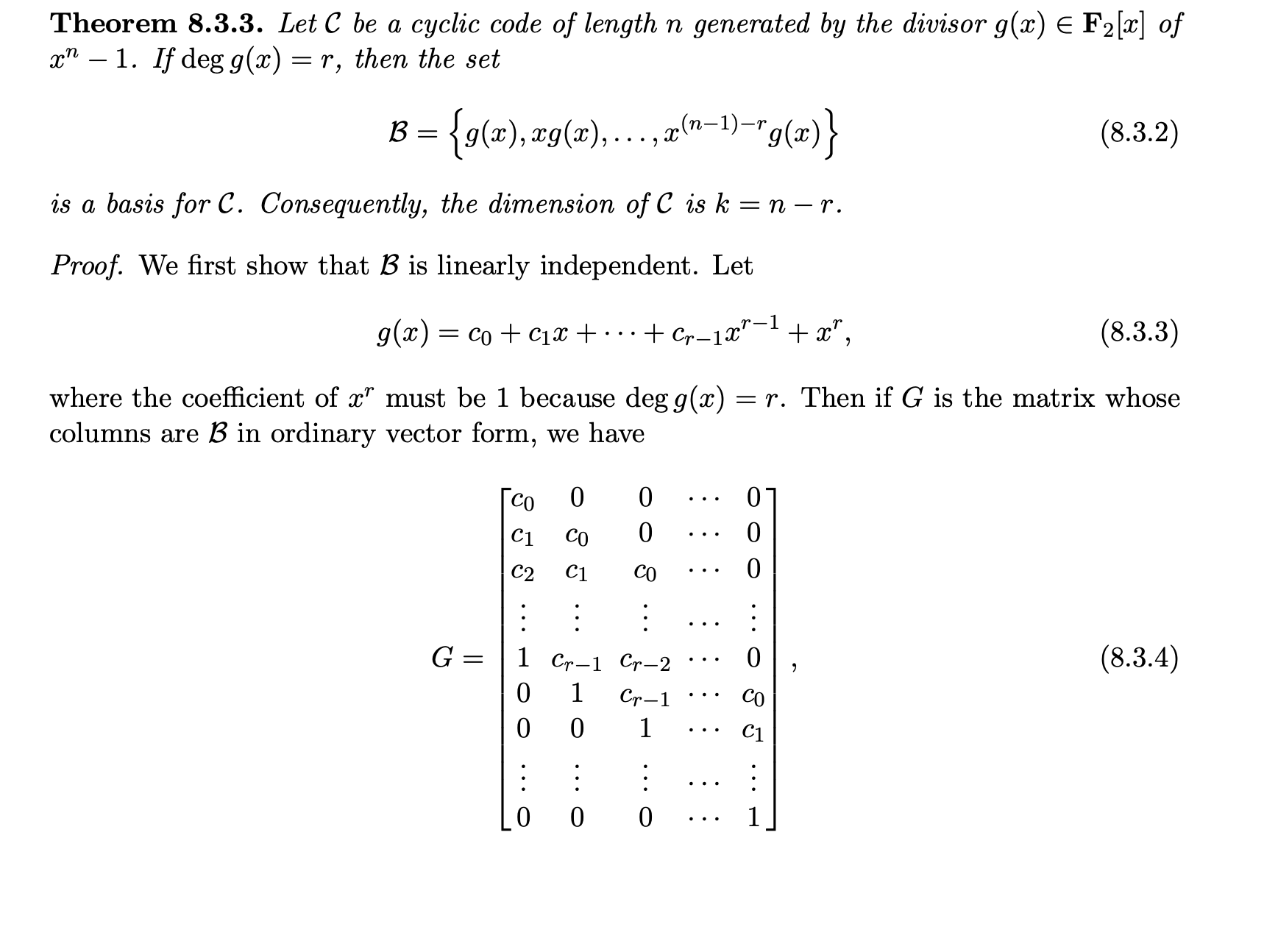 Solved Theorem 8.3.3. Let C be a cyclic code of length n | Chegg.com