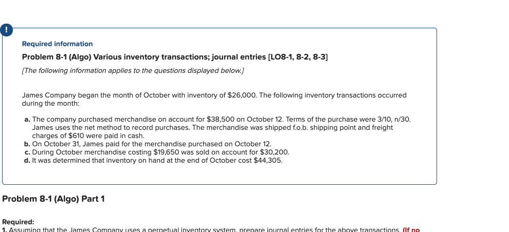 Solved Problem 8-1 (Algo) Part 1 Required: . Assuming that | Chegg.com