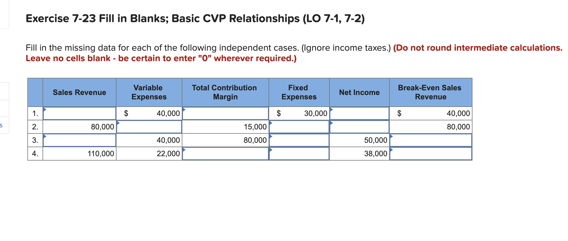 Solved Exercise 7-23 Fill in Blanks; Basic CVP Relationships | Chegg.com