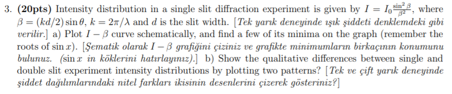 Solved 3. (20pts) Intensity distribution in a single slit | Chegg.com