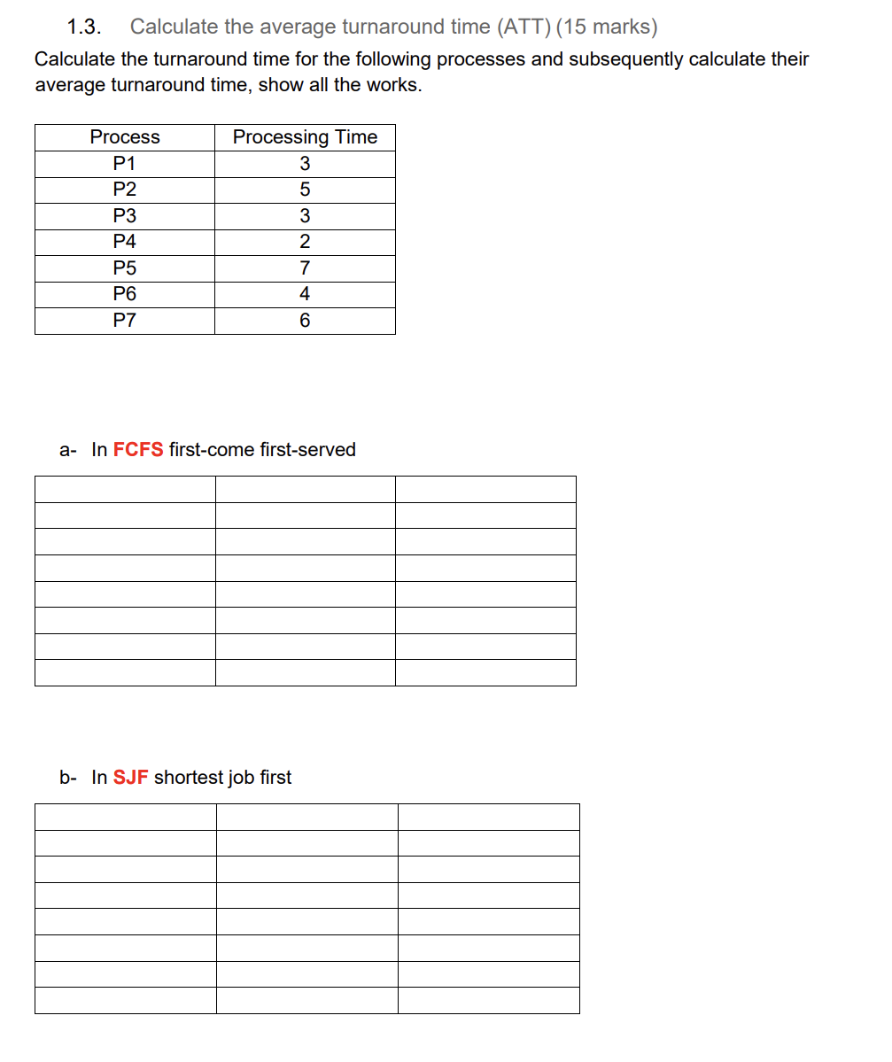 Solved 1.3. Calculate the average turnaround time (ATT) (15 | Chegg.com