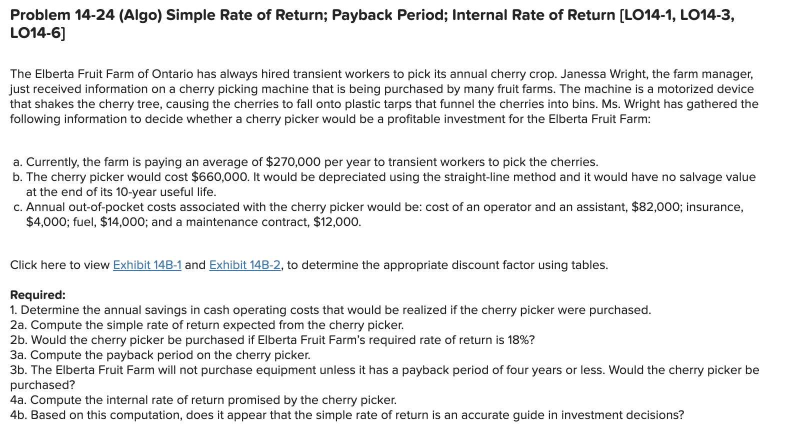 Solved Problem 14-24 (Algo) Simple Rate of Return; Payback | Chegg.com
