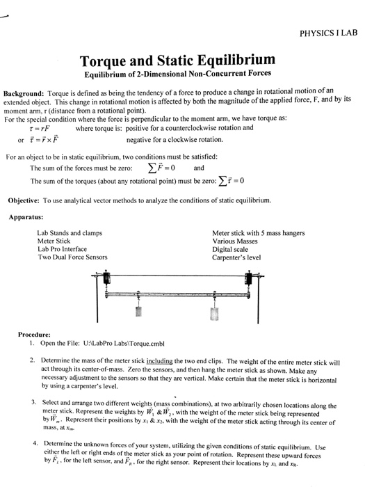 PHYSICS I LAB Torque and Static Equilibrium | Chegg.com