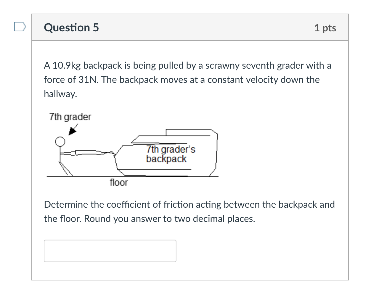 Solved Question 5 1 pts A 10.9kg backpack is being pulled by | Chegg.com