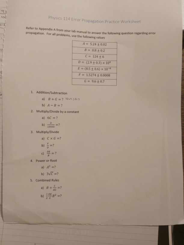 Solved 59 Physics 114 Error Propagation Practice Worksheet | Chegg.com
