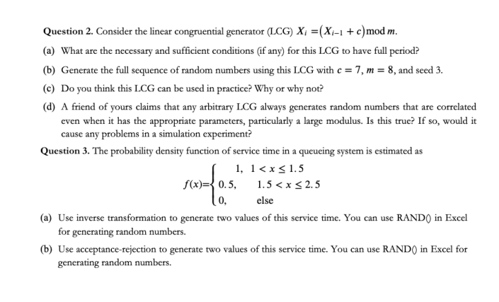 Solved Question 2. Consider the linear congruential | Chegg.com