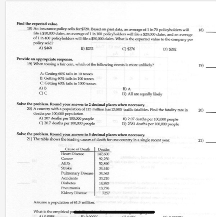 Solved Find the expected value 18) An insurance policy sells | Chegg.com