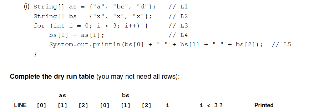 Solved (i) String[] as ={"a","bc","d"};//L1 String[] bs | Chegg.com