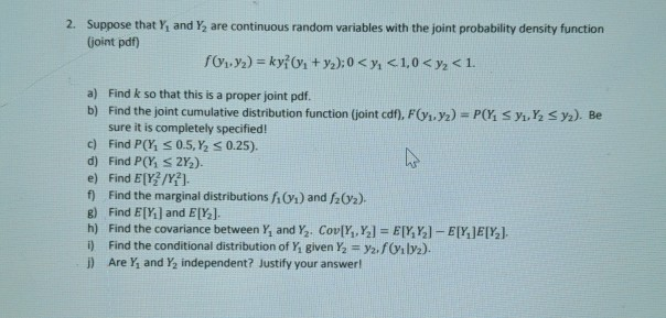 Solved 2. Suppose that Y, and Y2 are continuous random | Chegg.com