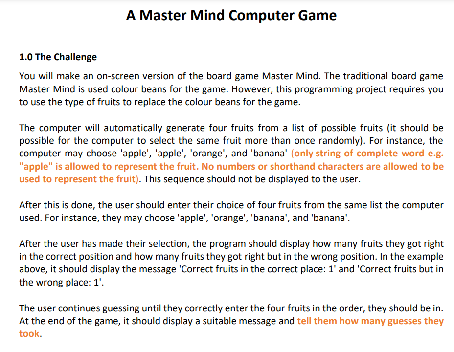Solved I need an expert to write a Master mind game using | Chegg.com