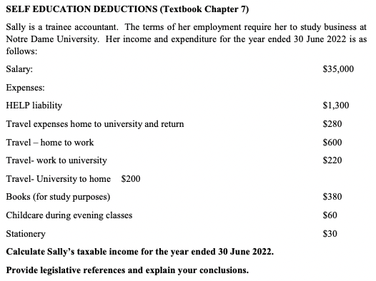 Solved SELF EDUCATION DEDUCTIONS (Textbook Chapter 7) Sally | Chegg.com