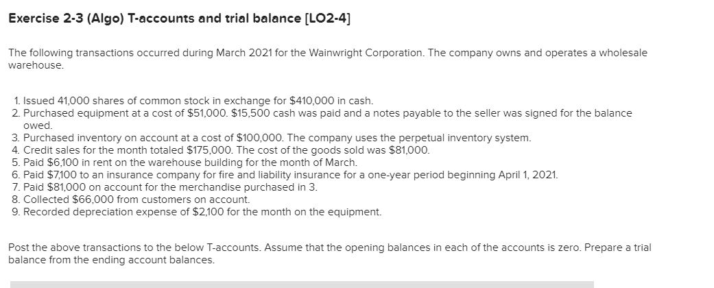 Solved Exercise 2-3 (Algo) T-accounts and trial balance | Chegg.com