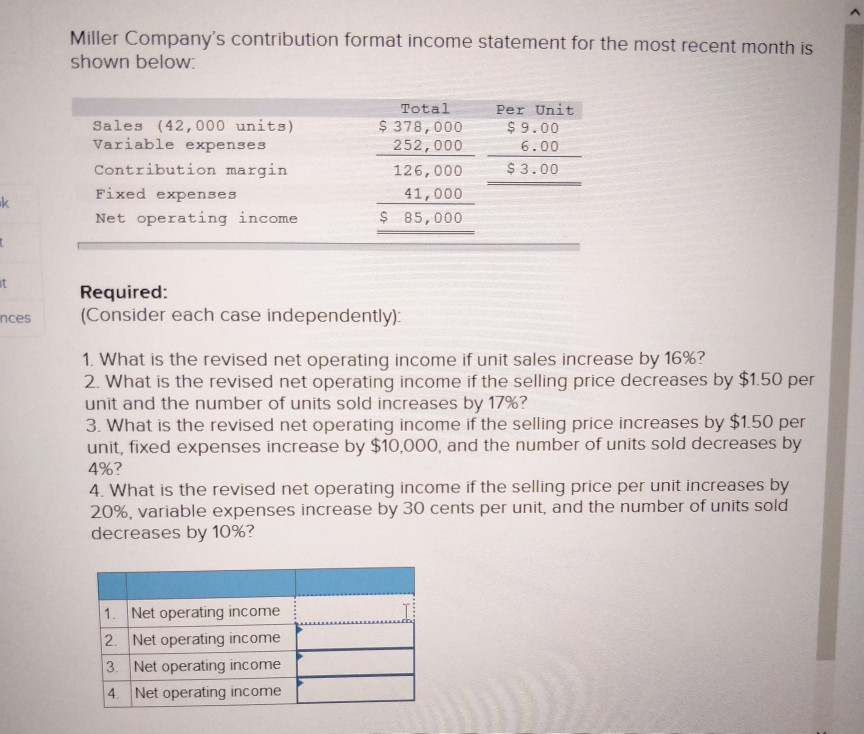 Solved Miller Companys Contribution Format Income Statement