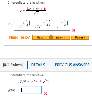 Solved Differentiate the function. 8x2 + 4x + 8 x 9 * ܐܘ 12x | Chegg.com