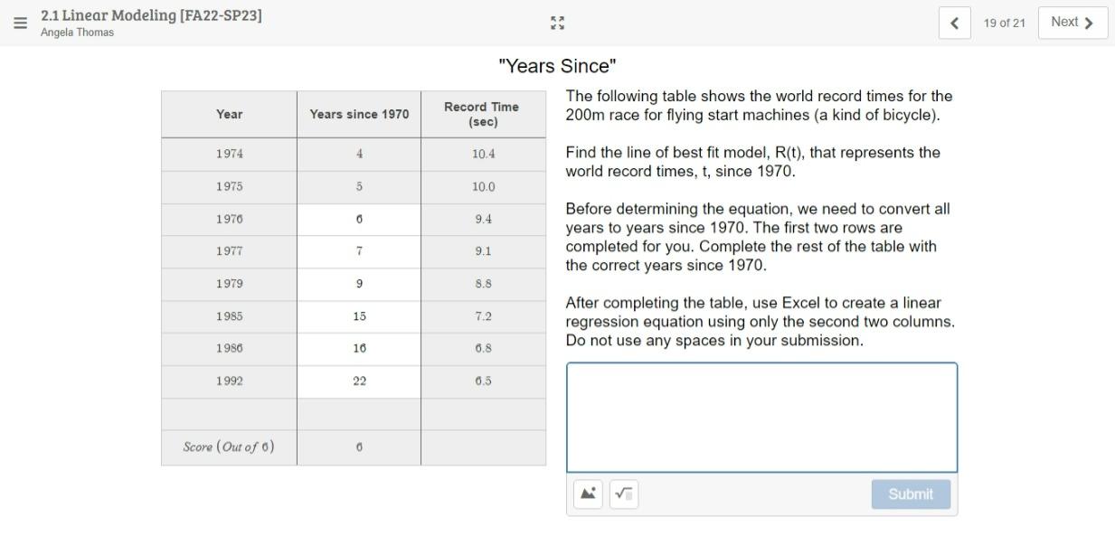 Solved ≡ 2.1 Linear Modeling [FA22-SP23] Angela Thomas | Chegg.com