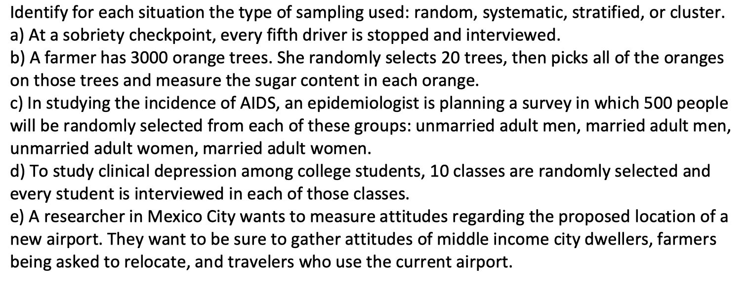 Solved Identify for each situation the type of sampling | Chegg.com