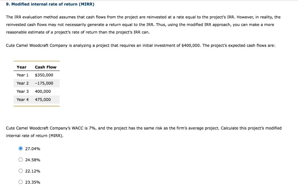 Solved 9. Modified internal rate of return (MIRR) The IRR | Chegg.com
