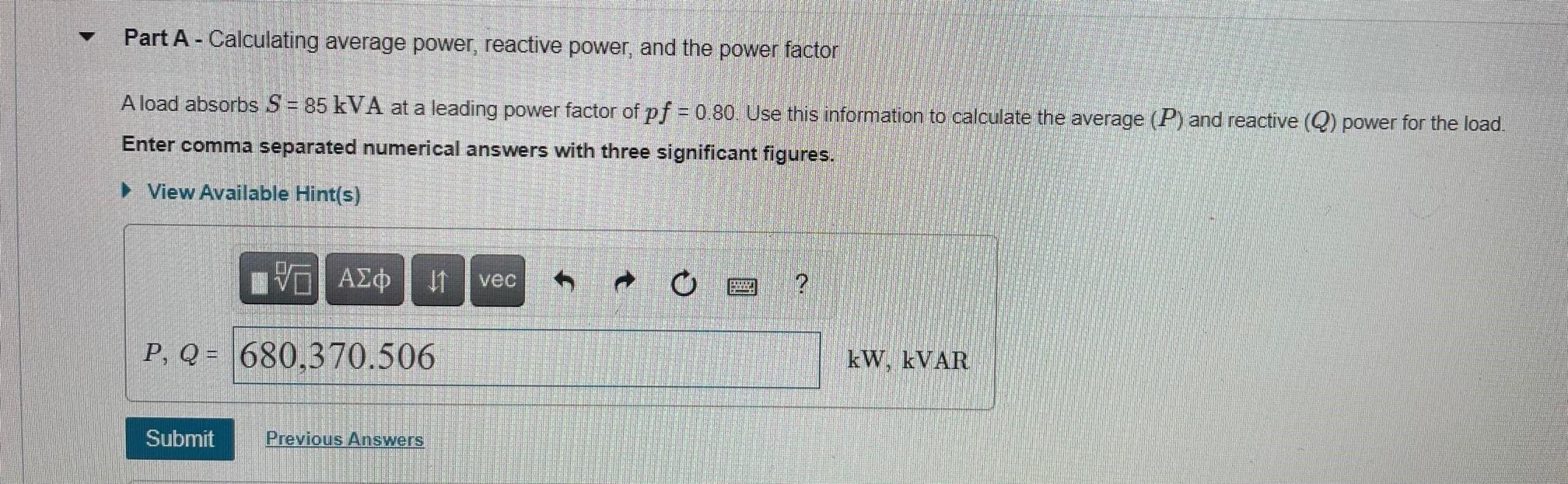 Solved Part A - Calculating average power, reactive power, | Chegg.com