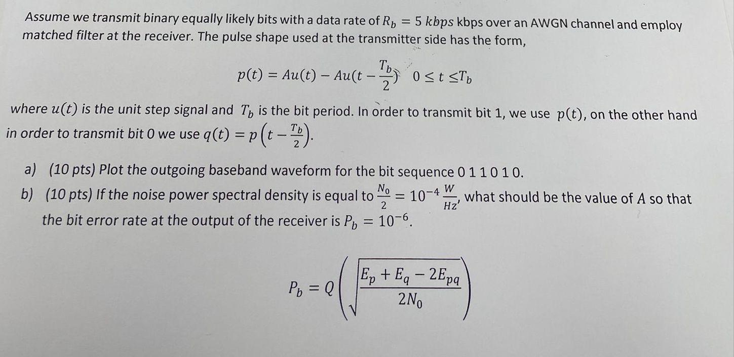 Solved Assume we transmit binary equally likely bits with a | Chegg.com