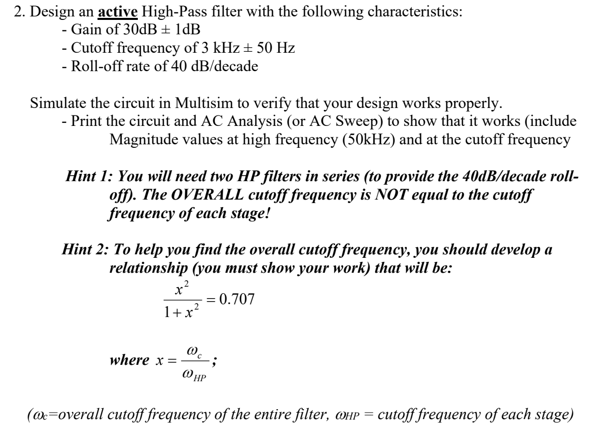 2. Design an active High-Pass filter with the | Chegg.com