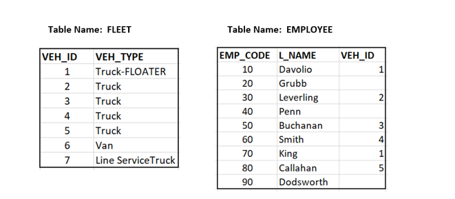 Table Name: FLEET Table Name: EMPLOYEE VEH_ID VEH_ID | Chegg.com