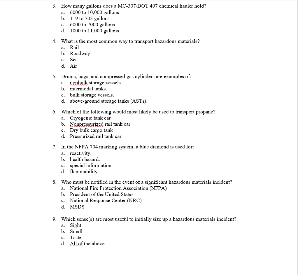 Solved 3. How many gallons does a MC-307/DOT 407 chemical | Chegg.com