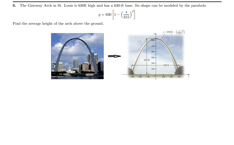 Solved y=630[1−(315x)2] Find the average height of the arch | Chegg.com