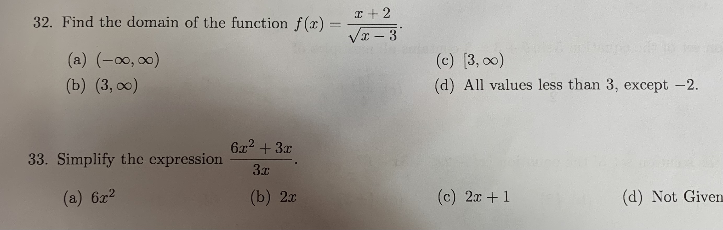 Solved 32. Find the domain of the function f(x)=x−3x+2. (a) | Chegg.com