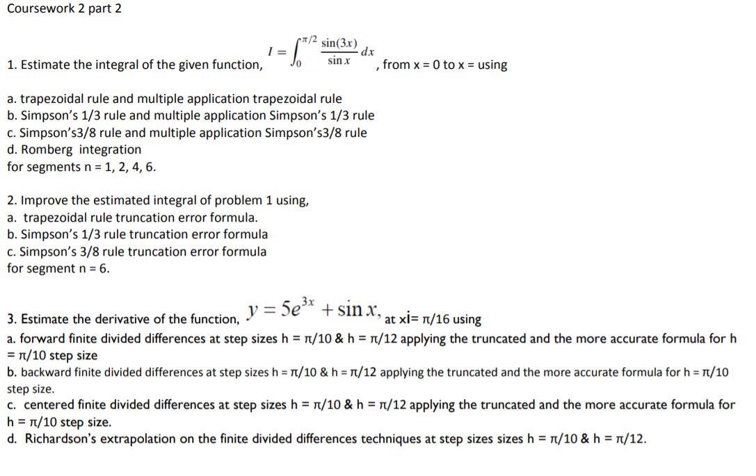 Solved Coursework 2 part 2 A/2 sin(3x) I= so sinx 1. | Chegg.com