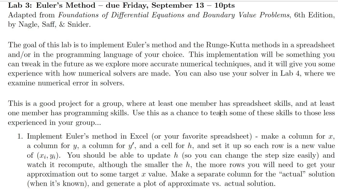 Solved Lab 3: Euler's Method - due Friday, September 13 - | Chegg.com