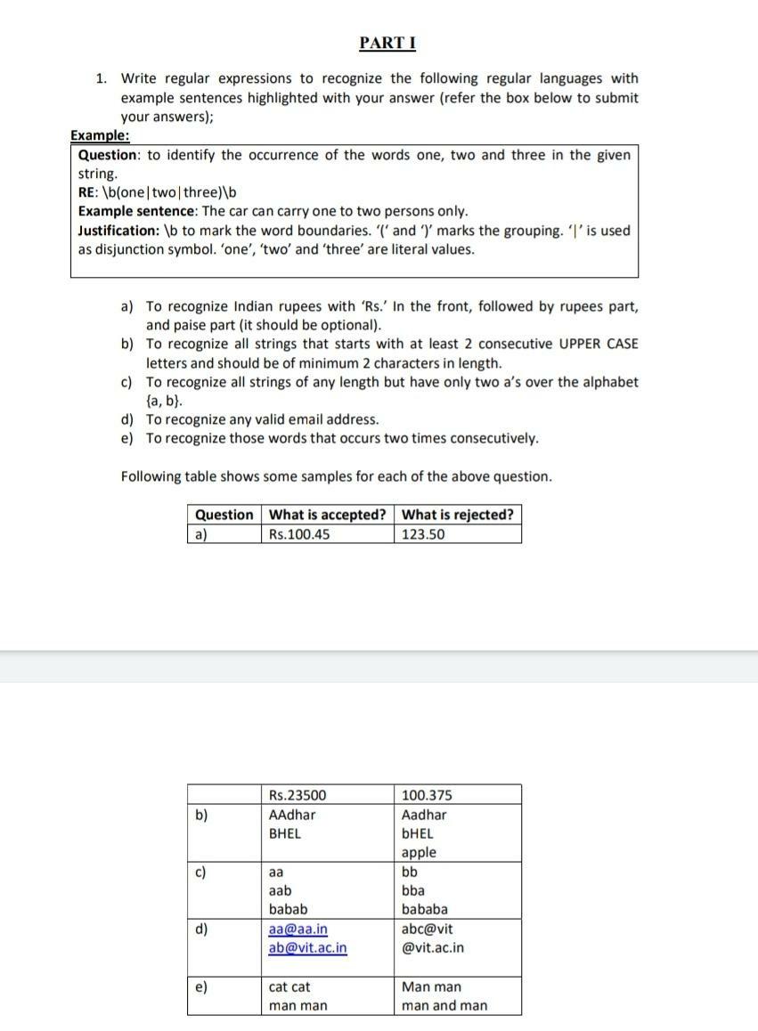 PARTI 1. Write regular expressions to recognize the | Chegg.com