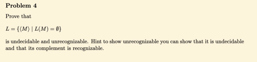 Solved Problem 4 Prove that L={ M ∣L(M)=∅} is undecidable | Chegg.com