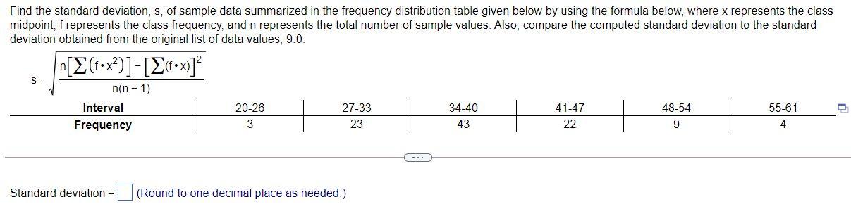 Solved Find the standard deviation, s, of sample data | Chegg.com
