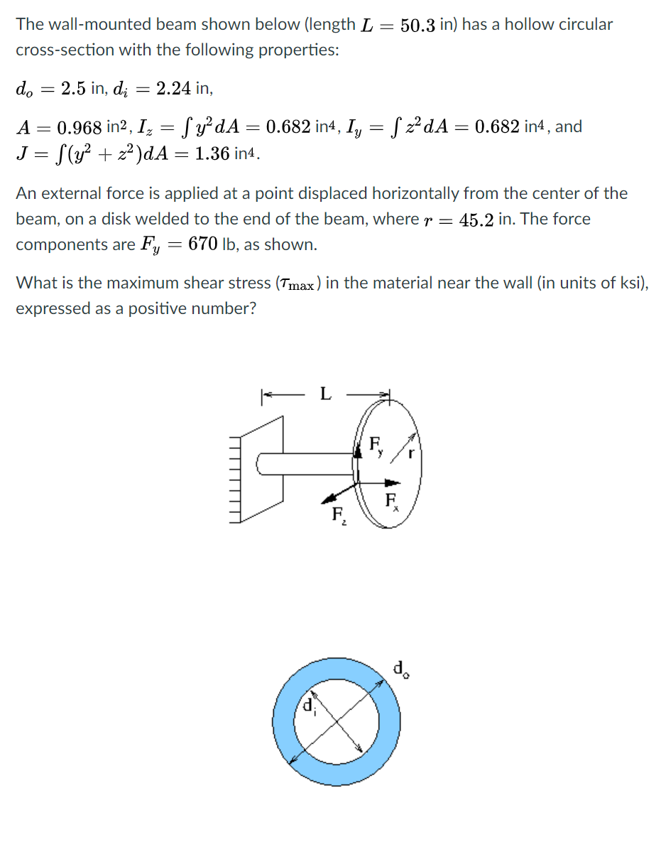 Solved 50.3 in) has a hollow circular The wall-mounted beam | Chegg.com