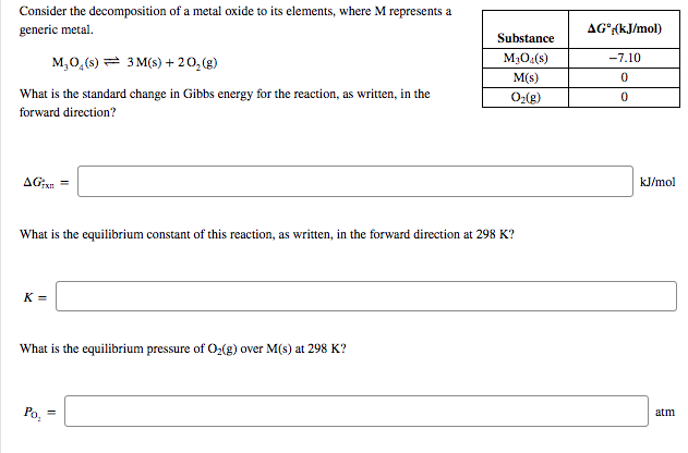 Solved Consider the decomposition of a metal oxide to its | Chegg.com