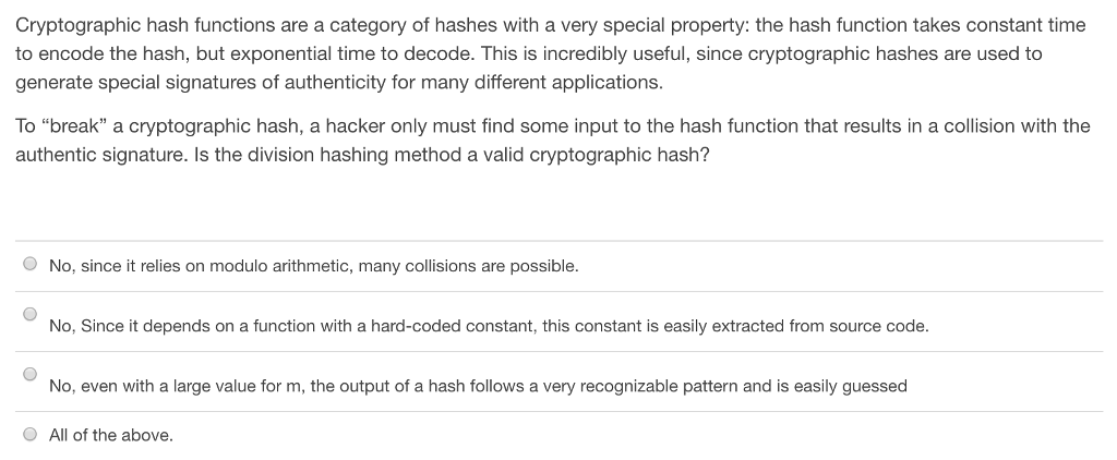Solved Cryptographic hash functions are a category of hashes | Chegg.com