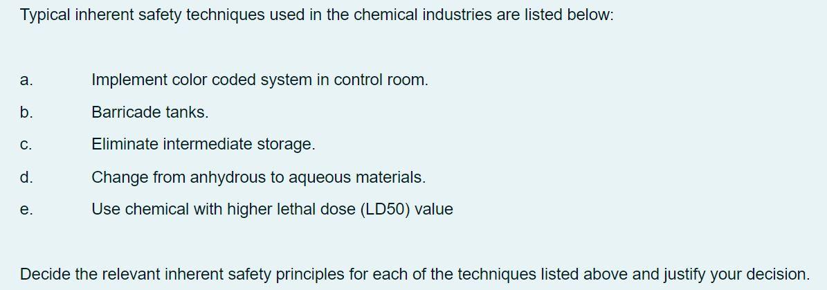 Solved Typical inherent safety techniques used in the | Chegg.com