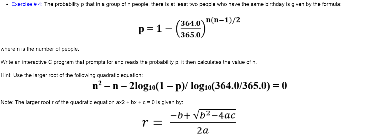 Solved • Exercise # 4: The probability p that in a group of | Chegg.com