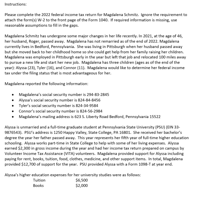 Instructions: Please complete the 2022 federal income | Chegg.com
