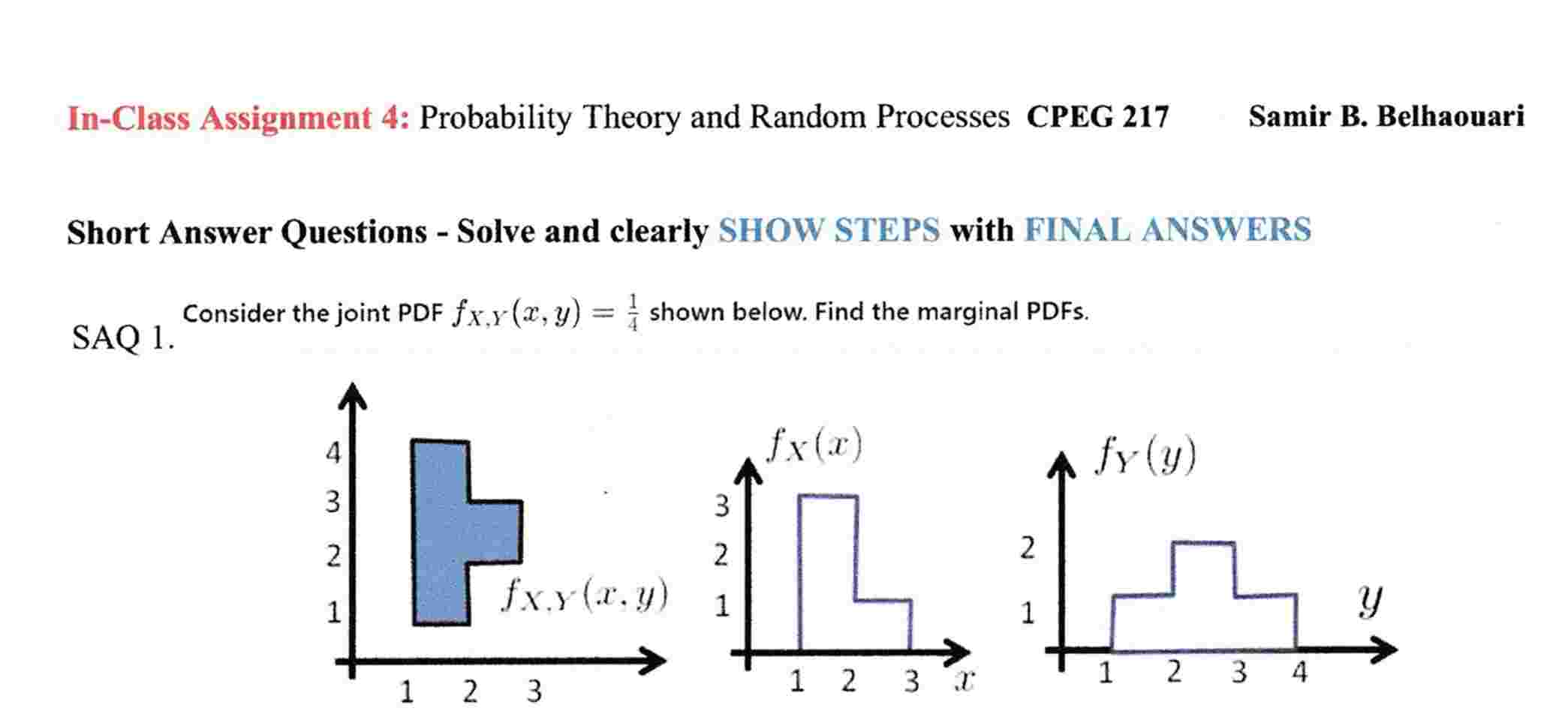 Solved by an EXPERT SAQ 1.Consider the joint PDF fx,Y(x,y)=14 ﻿shown | Chegg.com