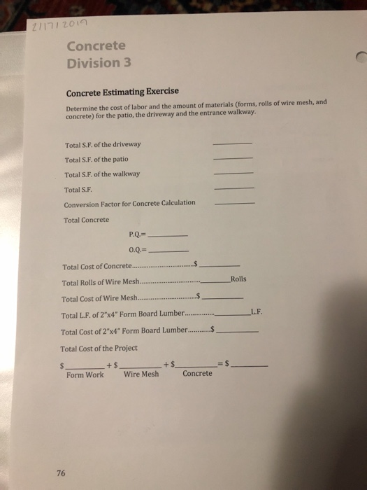 Solved Concrete Division 3 Concrete Estimating Exercise | Chegg.com