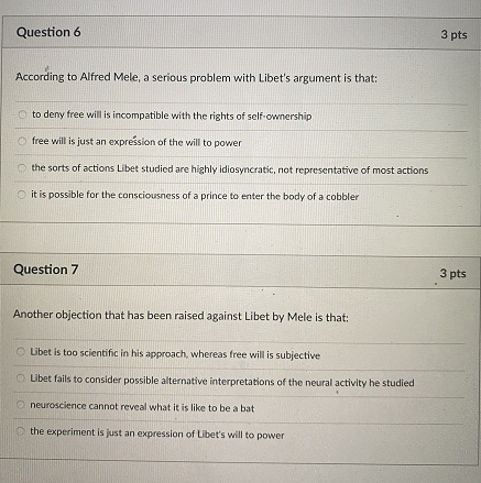Solved Question 5 3 pts Benjamin Libet claimed that his | Chegg.com