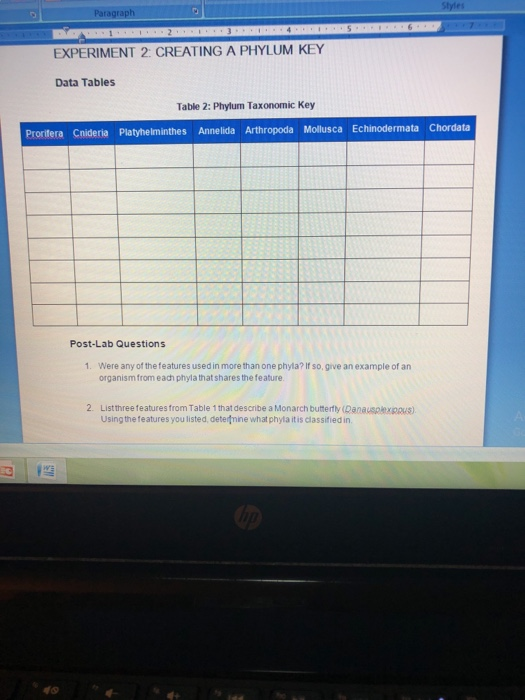 Solved Styles Paragraph EXPERIMENT 2 CREATING A PHYLUM KEY | Chegg.com